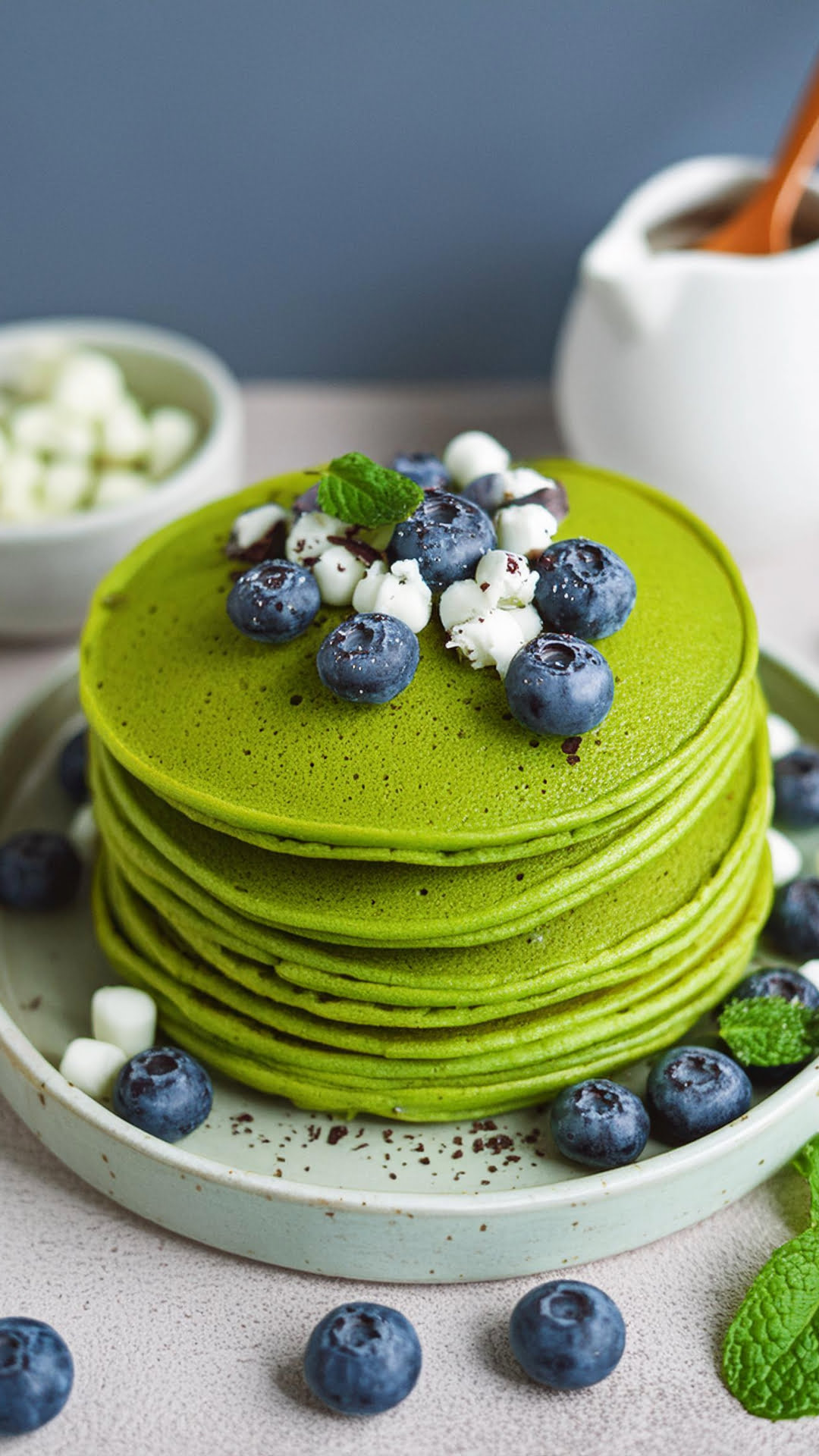 Vibrant Green Pancakes with White Chocolate Chips and Honey | Easy and ...