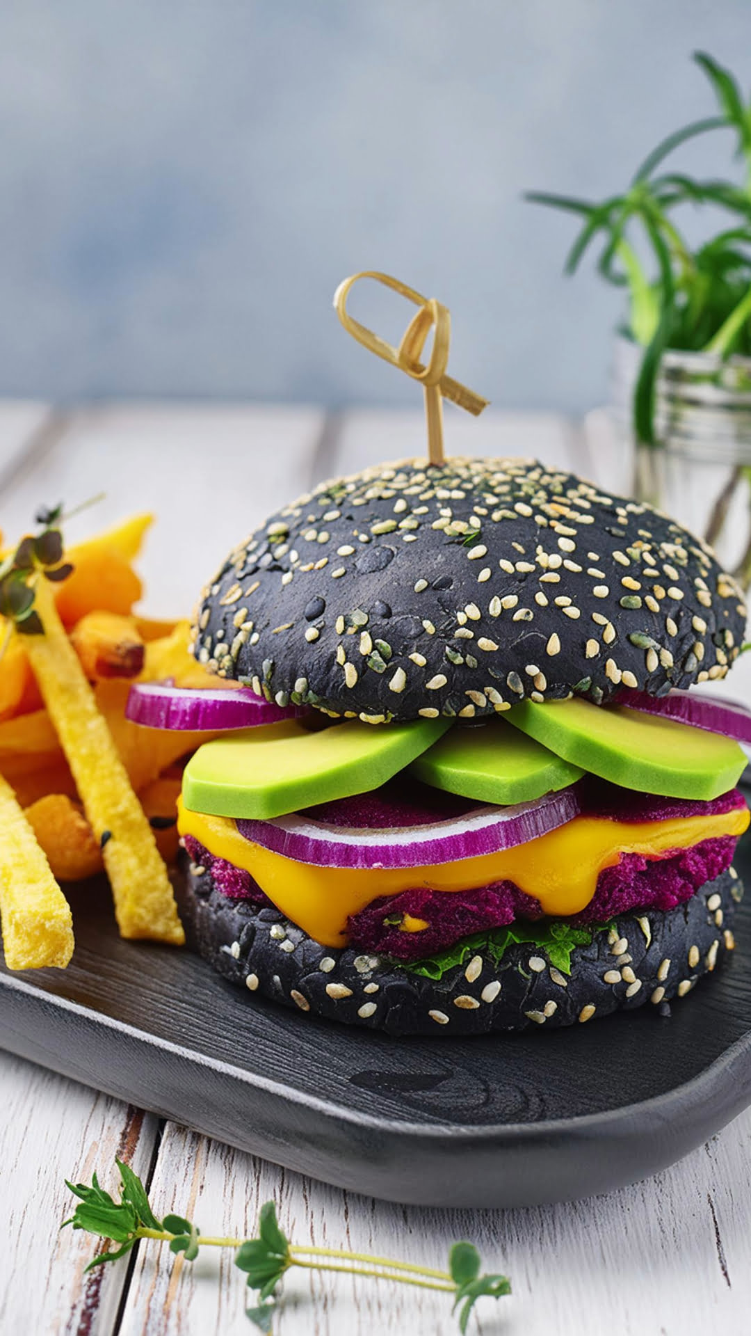 Black Sesame & Purple Yam Burger with Miso Glaze & Avocado | Visually ...