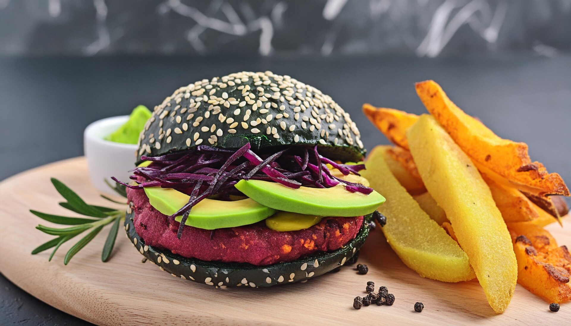 Black Sesame & Purple Yam Burger with Miso Glaze & Avocado | Visually ...