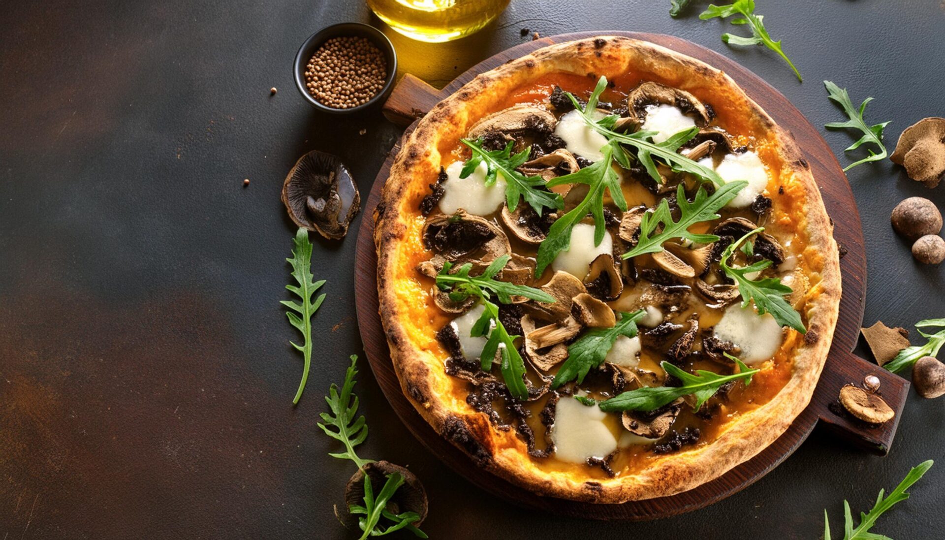 Mushroom & Truffle Pizza with Vegan Mozzarella & Arugula | Gourmet ...