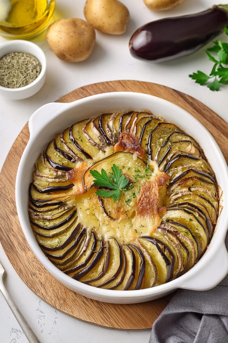 French-Style Aubergine & Potato Gratin | Creamy Garlic & Herb Vegan Dish