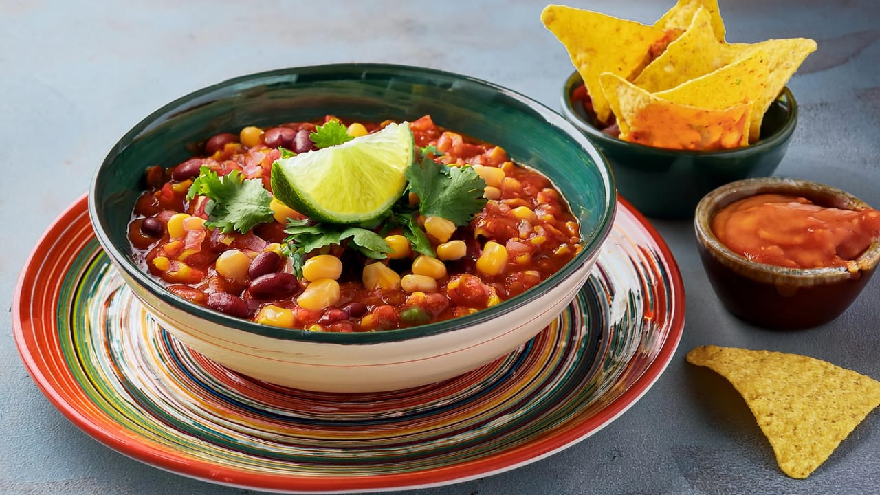 Quick Five-Bean Chili with Esquites Salsa Recipe | Hearty & Tangy Tex ...