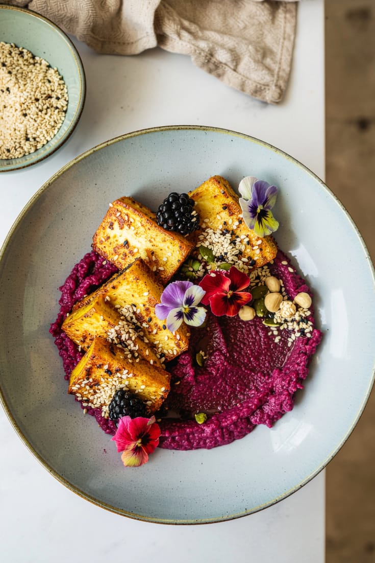 Crispy Tempeh with Purple Sweet Potato Purée & Miso Caramel – A Vegan ...
